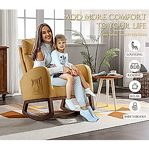 KINFFICT Comfy Rocking Chair, Upholstered Accent Glider Rocker for Baby Nursery or Relaxation, Living Room Armchair with High Back and Headrest, Modern Rocking Glider with Side Pocket, Yellow