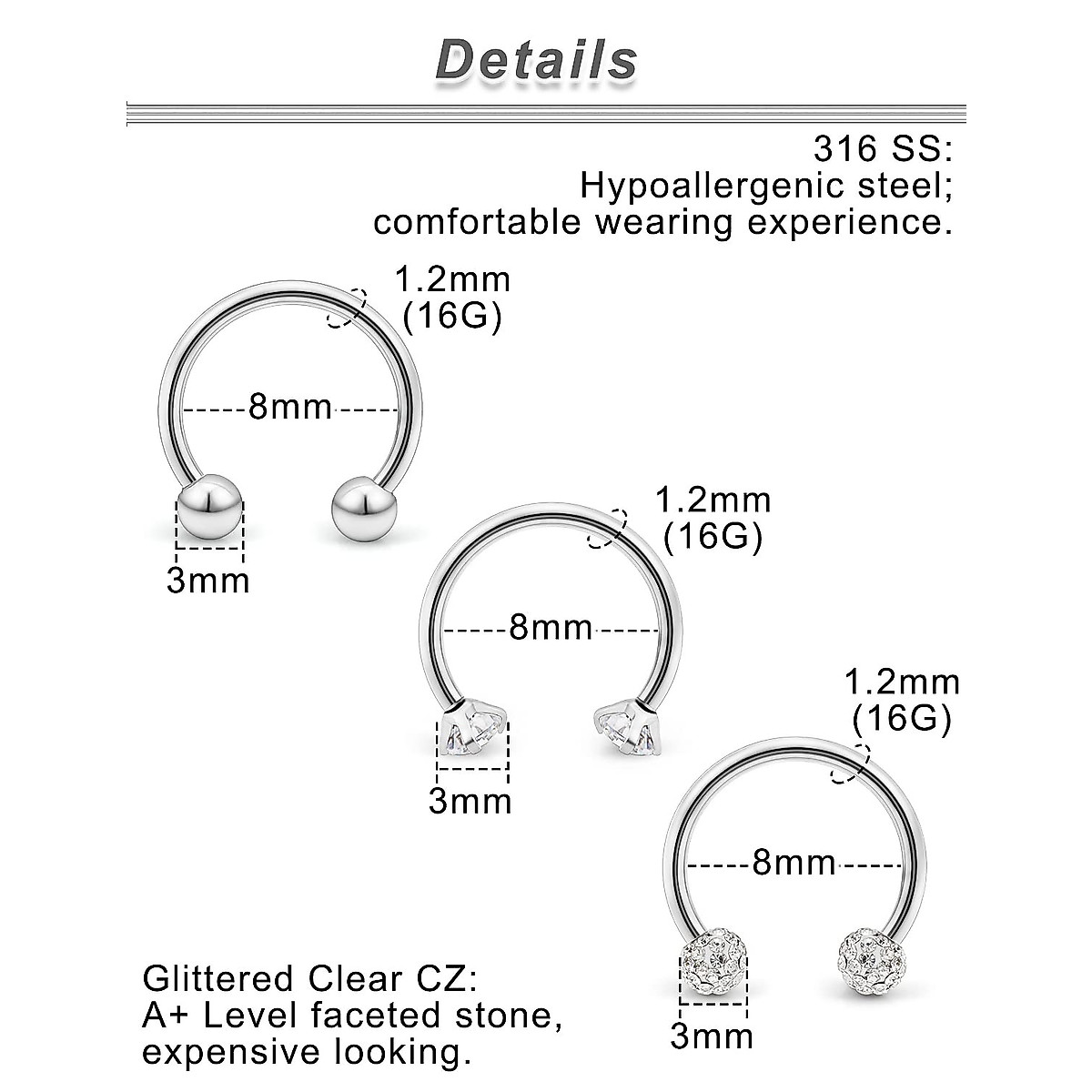 Ocptiy 16G Septum Ring Piercing Jewelry for Women 16 Gauge Stainless Surgical Steel Horseshoe Septum Nose Eyebrow Lip Ring Helix Tragus Cartilage Daith Rook Earring Hoop Piercin Jewelry Men Women 8mm