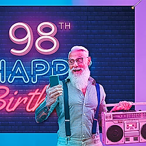 Glow Neon Happy 98th Birthday Backdrop Banner Decor Black – Colorful Glowing 98 Years Old Birthday Party Theme Decorations for Men Women Supplies