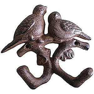 Comfy Hour 4.45" Cast Iron Double Birds Two Key Coat Hooks Wall Hanger Clothes Rail Set, Heavy Duty, Rustic Recycled, Brown, Antique & Vintage Collection