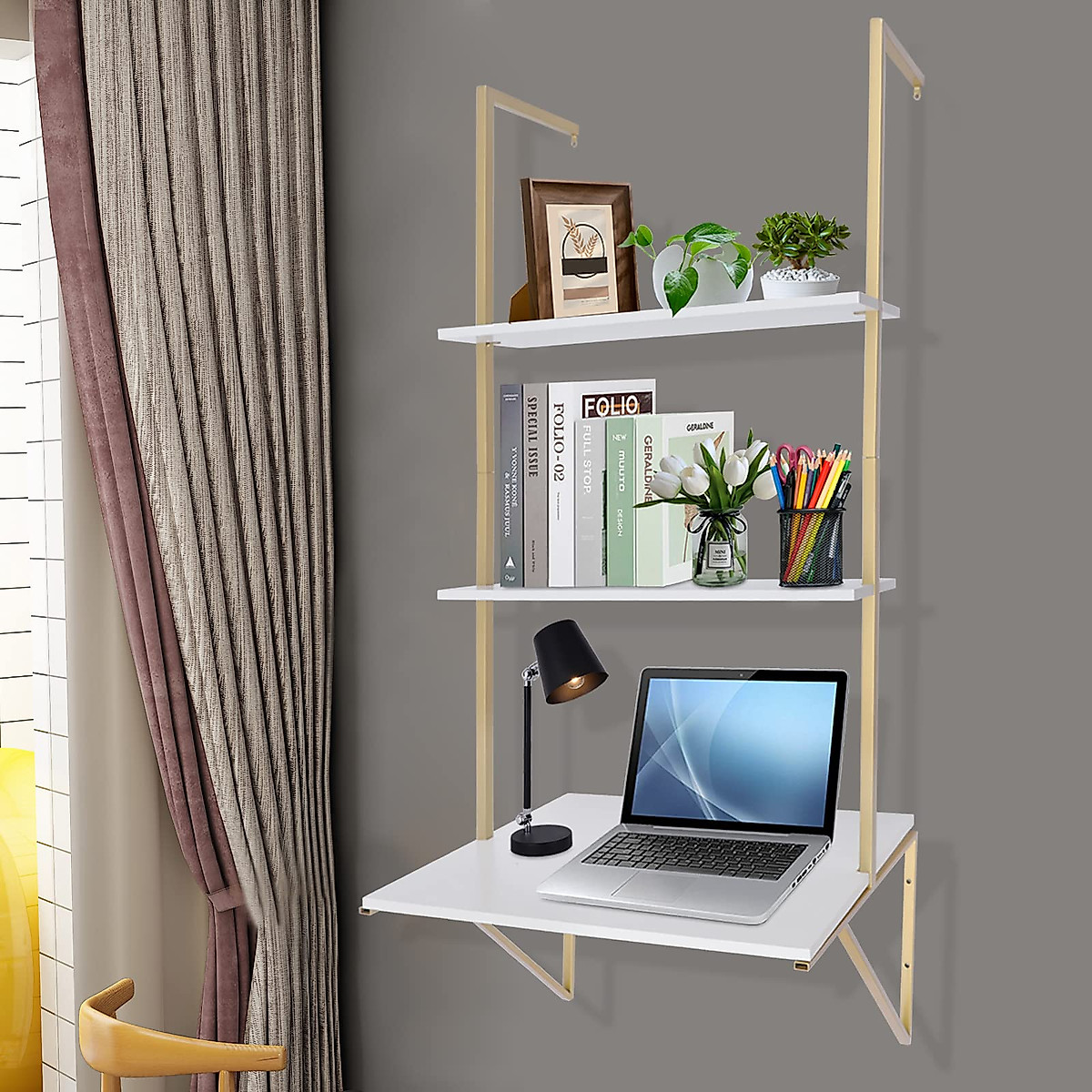 LUOSHALIYA 3 Tier Wall Mount Desk Computer Ladder Shelf Desk with Book Storage Shelves, Computer Desk for Small Space Home Office Table Bedroom Writing Study Work