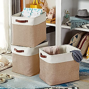 Jossens 11 Inch Fabric Baskets with Leather Handles,Foldable Cubes Storage Bins Set of 4 for Cube Organizer Home Toy Nursery Closet Bedroom(Khaki)