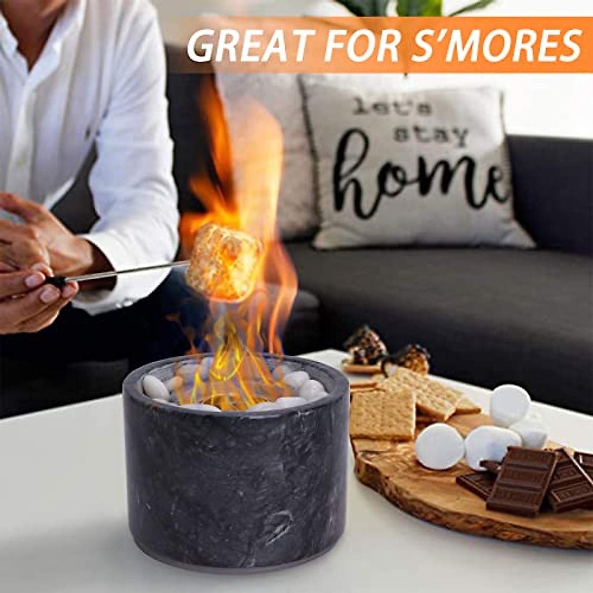A AIFAMY Tabletop Fire Pit Marble Table Top Fire Pit Bowl, 7" Mini Personal Fireplace for Indoor and Outdoor, Smokeless Clean-Burning Bio Ethanol Fire Pit for Smore’s Maker(1.5h Burning Time)