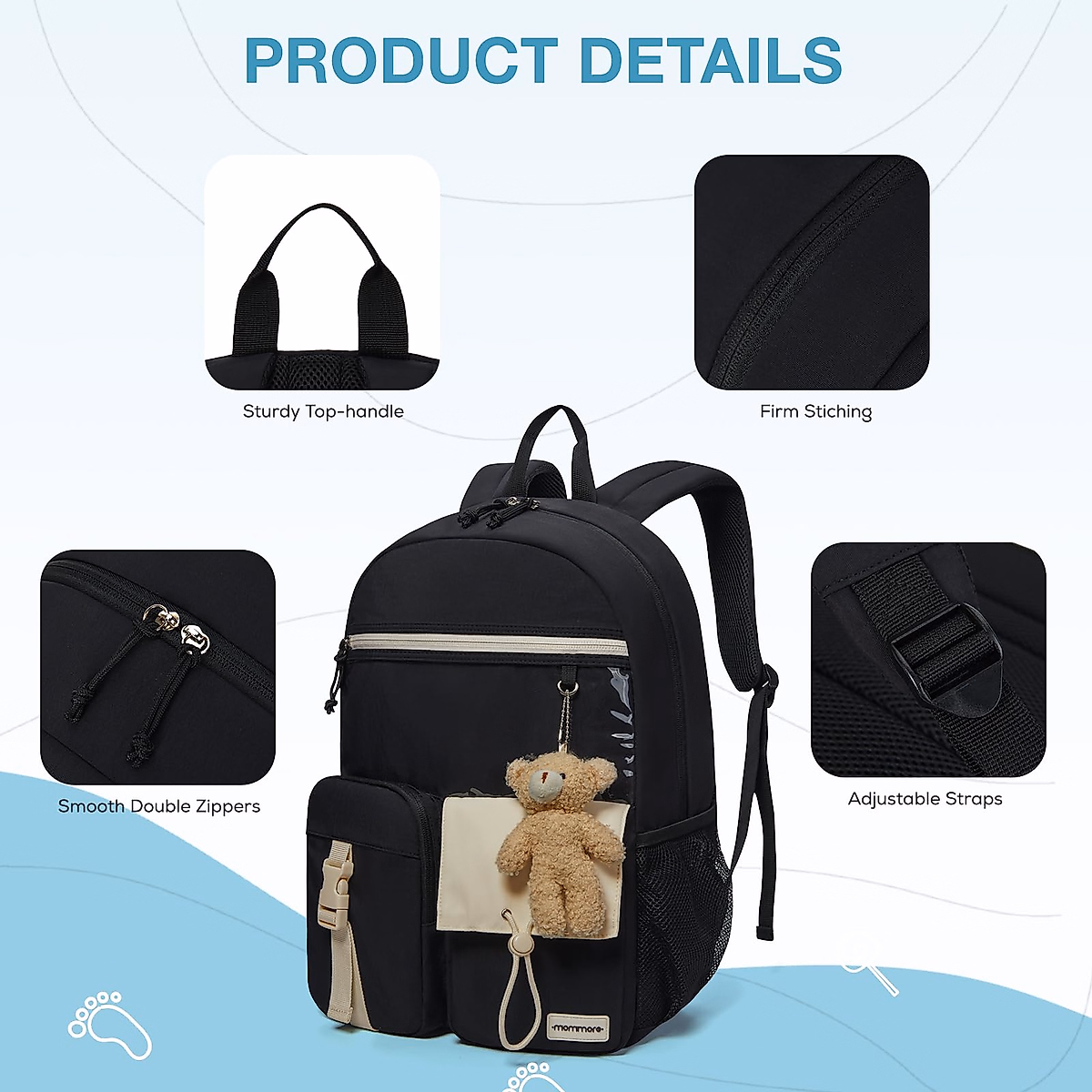 mommore Girls Backpack for School, Kawaii Kids Backpack, Lightweight Bookbag for Teen Girls with Bear Pendant, Travel Outdoors, Black