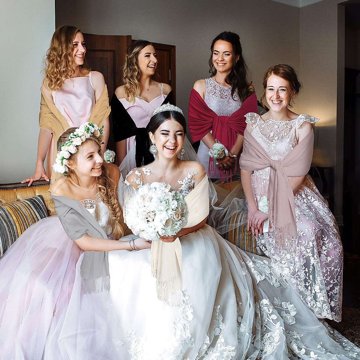 6 Pcs Women Scarf Shawl Bulk Wedding Soft Wraps and Scarf Bridesmaid Shawl, Wedding Shawl Scarves with Fringes for Women Gift(Multicolor)