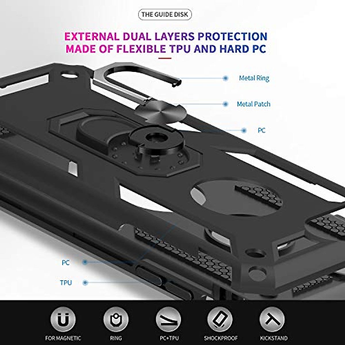 LeYi Compatible for iPhone 8 Plus Case, iPhone 7 Plus Case, iPhone 6 Plus Case with Tempered Glass Screen Protector [2 Pack], Military-Grade Phone Case with Kickstand Ring for iPhone 6s Plus, Black