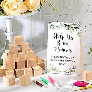 Dinifee 125 Pcs Baby Shower Decorate a Block Game Set Includes Help Us Build Memories Sign 100 DIY Blank Wooden Block 24 Paint Marker Baby Shower Prize for Wedding Baby Shower Game (Leaves)