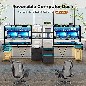 UPOSOJA Gaming Desk with Hutch, 65in Reversible Computer Desk with Power Outlets LED Light, Home Office Desk with Monitor Stand 2 Drawers 4 Storage Shelves Pegboard 8 Hooks Mouse Pad(Black)