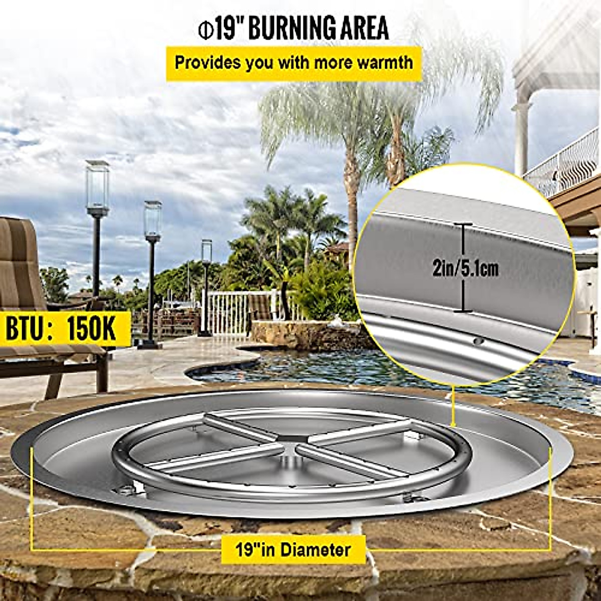 VEVOR Drop in Fire Pit Pan, 19" x 19" Round Fire Pit Burner, Stainless Steel Gas Fire Pan, Fire Pit Burner Pan w/ 1 Pack Volcanic Rock Fire Pit Insert w/ 90K BTU for Keeping Warm w/Family & Friends