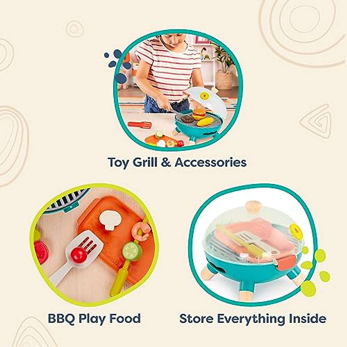 B. toys- Mini Chef - BBQ Grill Playset- Pretend Play BBQ Grill Play Set – Toy Grill & Play Food – Barbecue Role-Play Set for Kids- 3 Years + (16 Pcs)