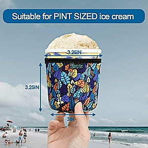 Beautyflier 2-Pieces Pint Sized Ice Cream Cozy Thicken Neoprene Ice Cream Sleeves with Elastic Handle Cover (Geometry + Plant)