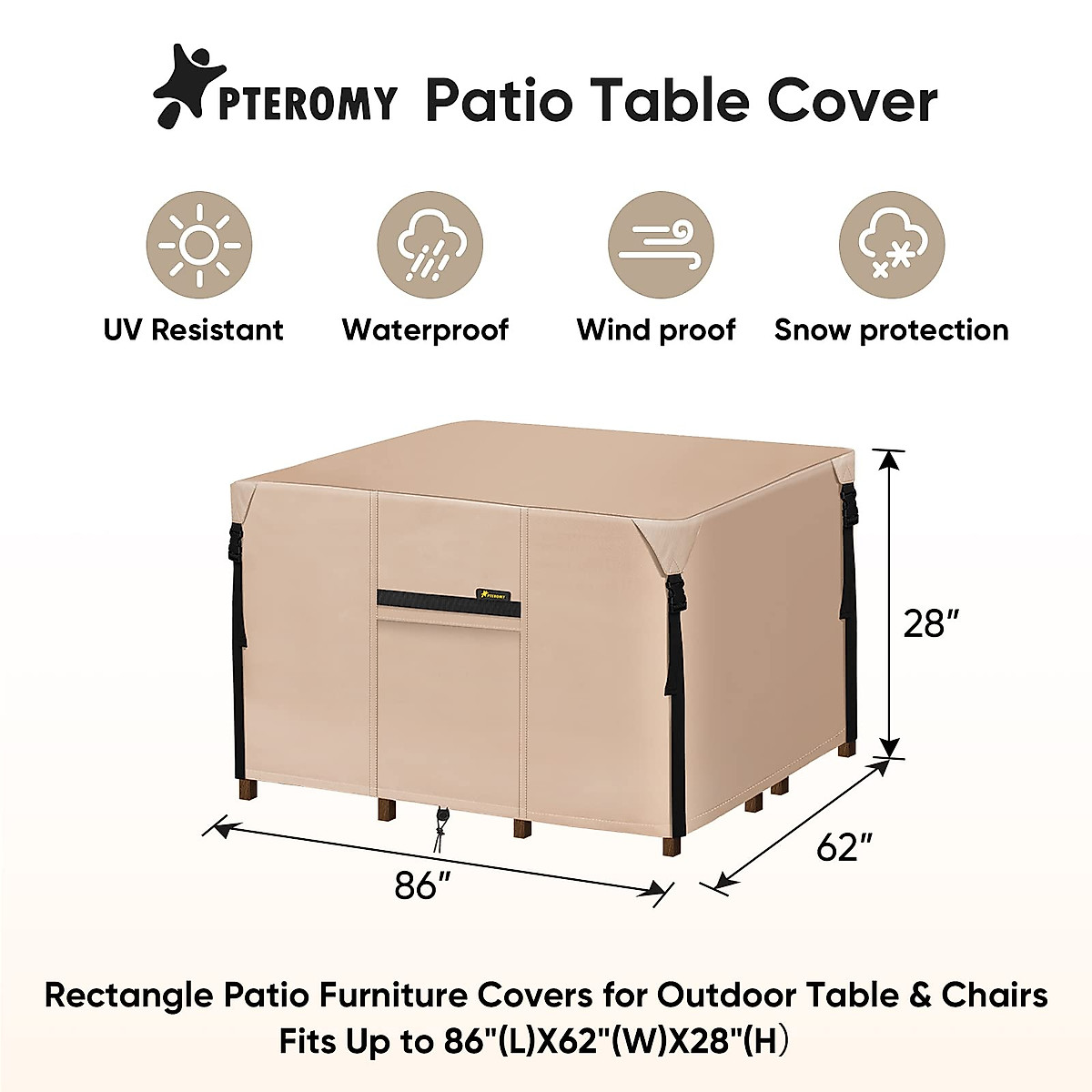 PTEROMY Waterproof Patio Table Cover, Heavy Duty 600D Canvas Patio Furniture Covers for Outdoor Dining Table and Chairs (Beige, 86''x 62'')