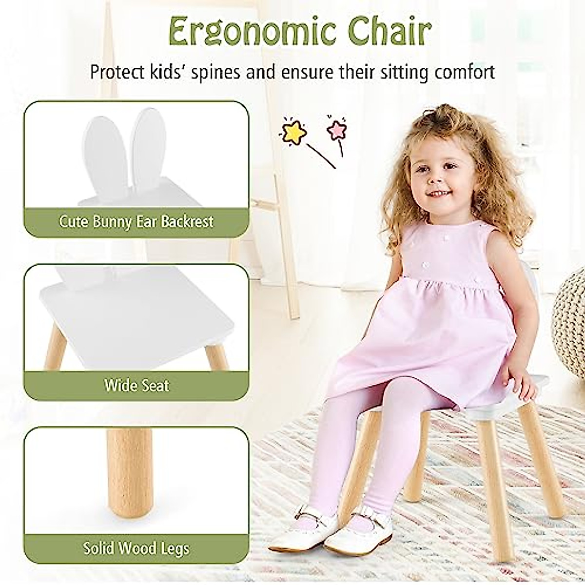 Costzon Kids Table and Chair Set, 3 Pieces Wooden Activity Play Table & 2 Cute Rabbit, Solid Wood Legs, Space-Saving Toddler Furniture for Preschool, Nursery, Children Playroom & Kindergarten (White)