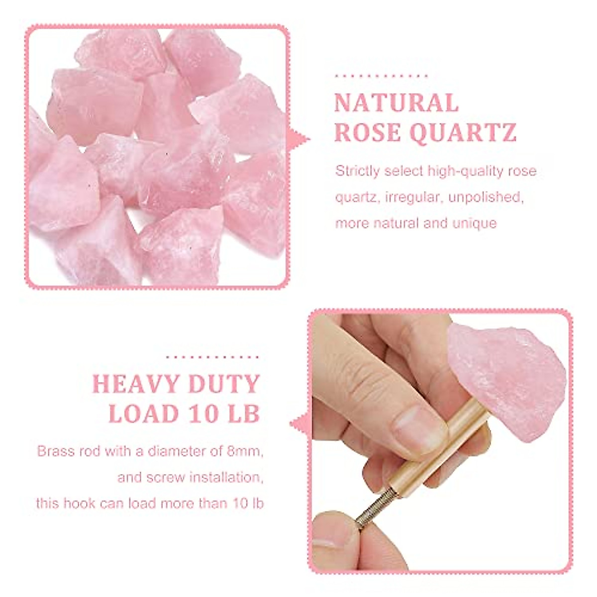 Cozy Tower 4 Pcs Rose Quartz Wall Hooks Decorative, Hat Bag Hooks for Wall Gold Brass Hooks for Hanging Purse Crystal Curtain Tieback Hooks for Wall, Pink