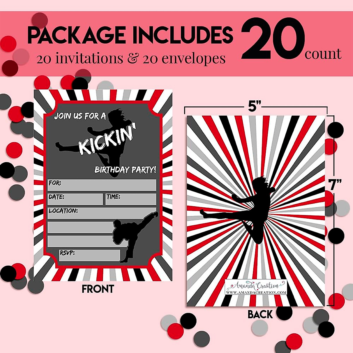 Karate, Tae Kwon Do, Martial Arts Birthday Party Invitations, 20 5x7 Fill In Cards with Twenty White Envelopes by AmandaCreation