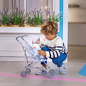 JC Toys Boutique | Folding Umbrella Doll Stroller for Children 2 Years Plus, Blue Stripes and Soft Embroidery | Sturdy Metal Frame | Pretend Play with Dolls up to 18” Long | Seat Belt