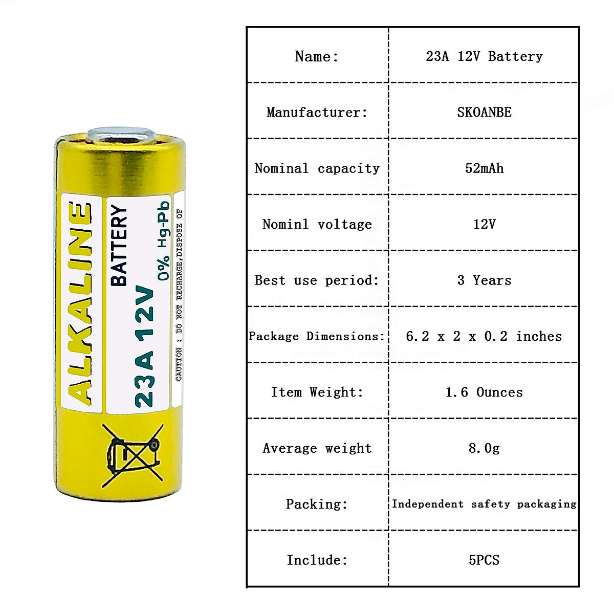 SKOANBE 5PCS 23A 12V Alkaline Battery A23 L1028 MN21 12Volts Battery