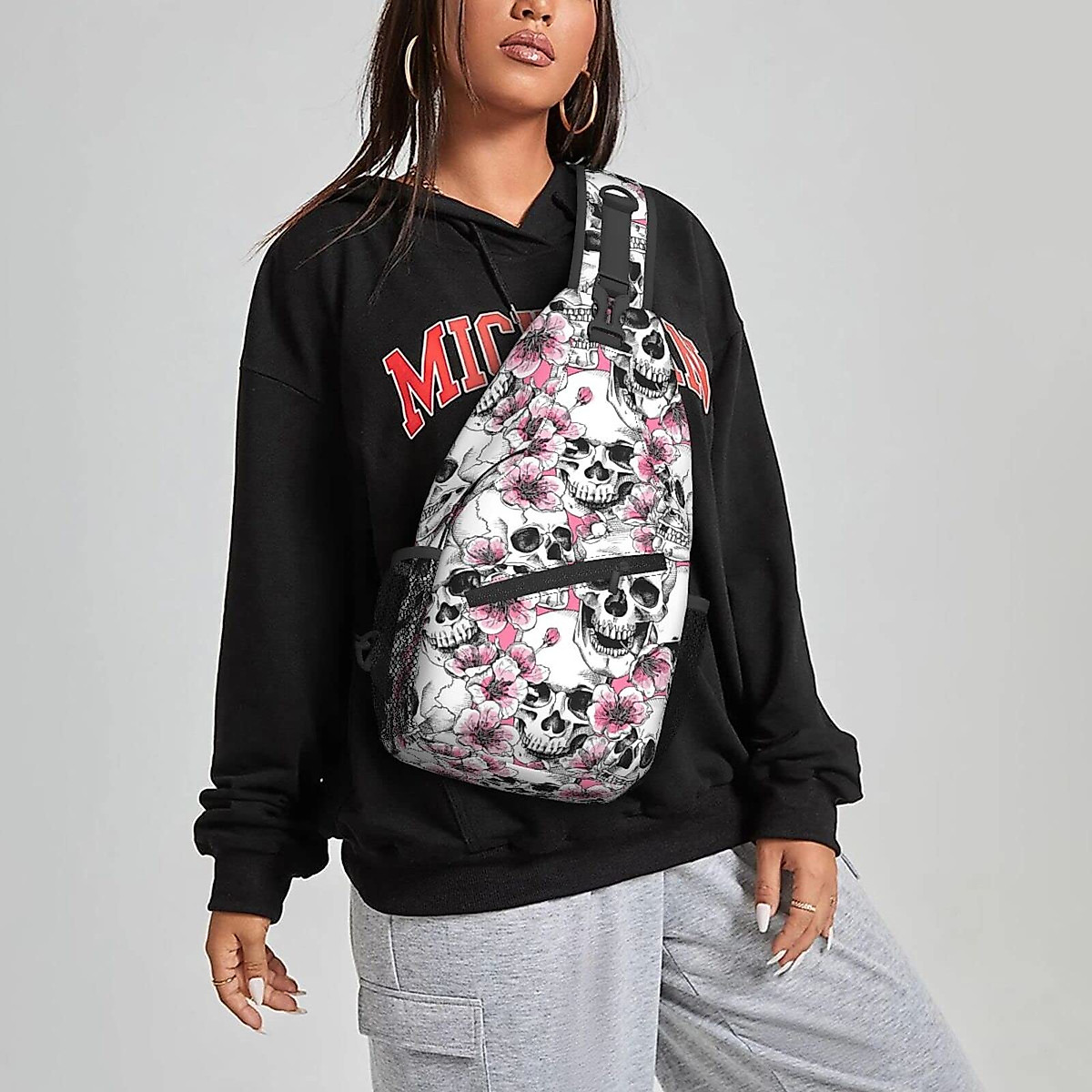 Famame Sugar Skull Skeleton Flower Pink Sling Backpack Chest Bag Crossbody Shoulder Bag Gym Cycling Travel Hiking Daypack For Men Women, Multicolor