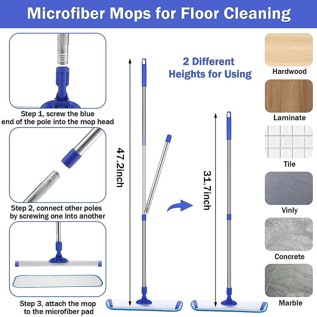 Uiifan 2 Set 18" Microfiber Mop Floor Cleaning System, Flat Mop for Hardwood Floors Commercial Mop Bulk Wet and Dust Mop with Extendable Handle, Reusable Mop Pads, Household Cleaning Tools