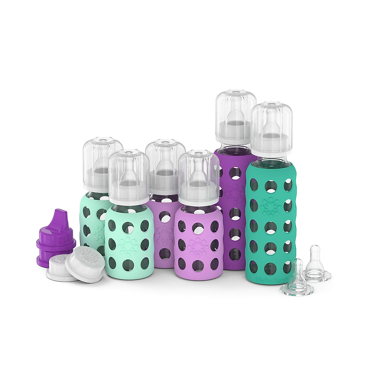 Lifefactory Baby 6 Bottle Starter Set in Mint/Lavender and in Kale/Grape Flat & Sippy Caps Stage 3 Nipples 16 Oz 12 Piece Set
