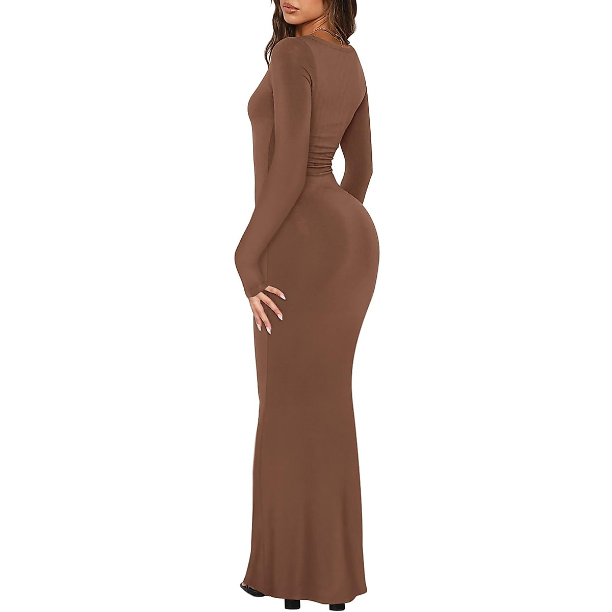 REORIA Womens Sexy Casual Scoop Square Neck Long Sleeve Soft Lounge Long Dress Fall Wedding Guest Elegant Ribbed Bodycon Maxi Dresses Coffee X-Small