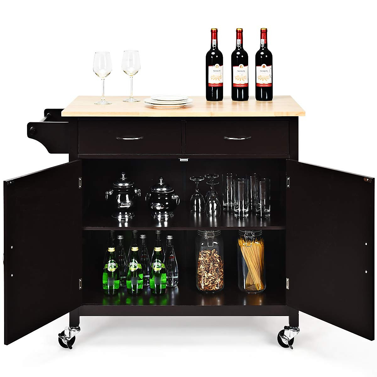 Giantex Kitchen Island, Rolling Kitchen Cart, Wood Counter Top, Utility Service Trolley Cart with Storage Cabinet and 2 Large Drawer Towel Rack, Bar Dining Room Organizer Furniture, Dark Brown