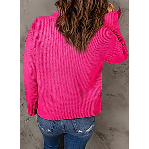 Dokotoo Sweaters for Women Waffle Knit Long Sleeve Quarter Zip Pullover for Women Business Casual Fall Fashion Tops Winter Trendy Aestheic Teathcer Clothes V Neck Oversized Hot Pink Sweater Medium