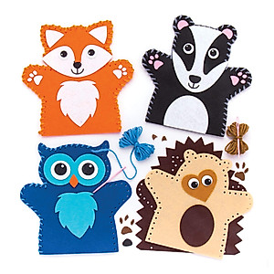 Baker Ross AR637 Woodland Animal Hand Puppet Sewing Kits (Pack of 4) for Kids Arts and Crafts