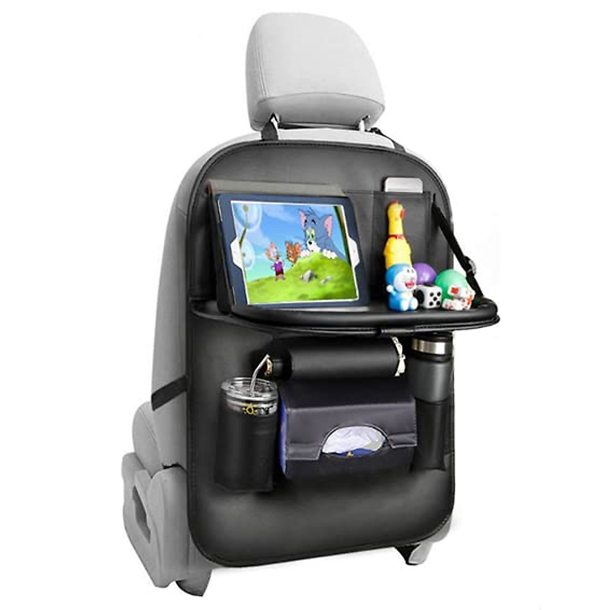 Can Backseat Car Organizer, Protector Kick Mats Table Tray Foldable Dining Table with Tablet Holder Travel Accessories Organizer 1 Pack