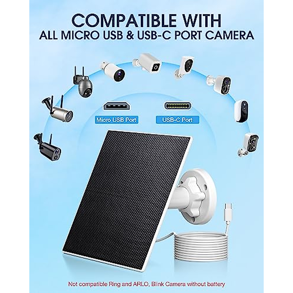 EBL 5W Solar Panel for Wireless Outdoor Security Camera, Solar Panel Charger for Rechargeable Battery Powered Surveillance Cam with Micro USB to USB C Input Port for Phone iPad Outdoor Use