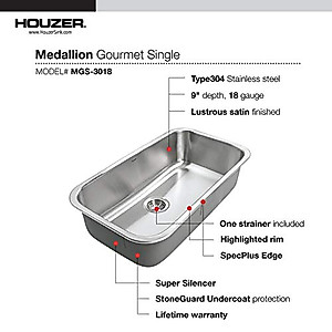 Houzer MGS-3018-1 Medallion Gourmet Series Undermount Stainless Steel Large Single Bowl Kitchen Sink