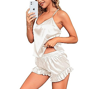 Pjmlifecoco Silk Pajamas Set Women Satin Camisole PJs White Pajamas Bridal Gifts Two Piece Pajamas Sets