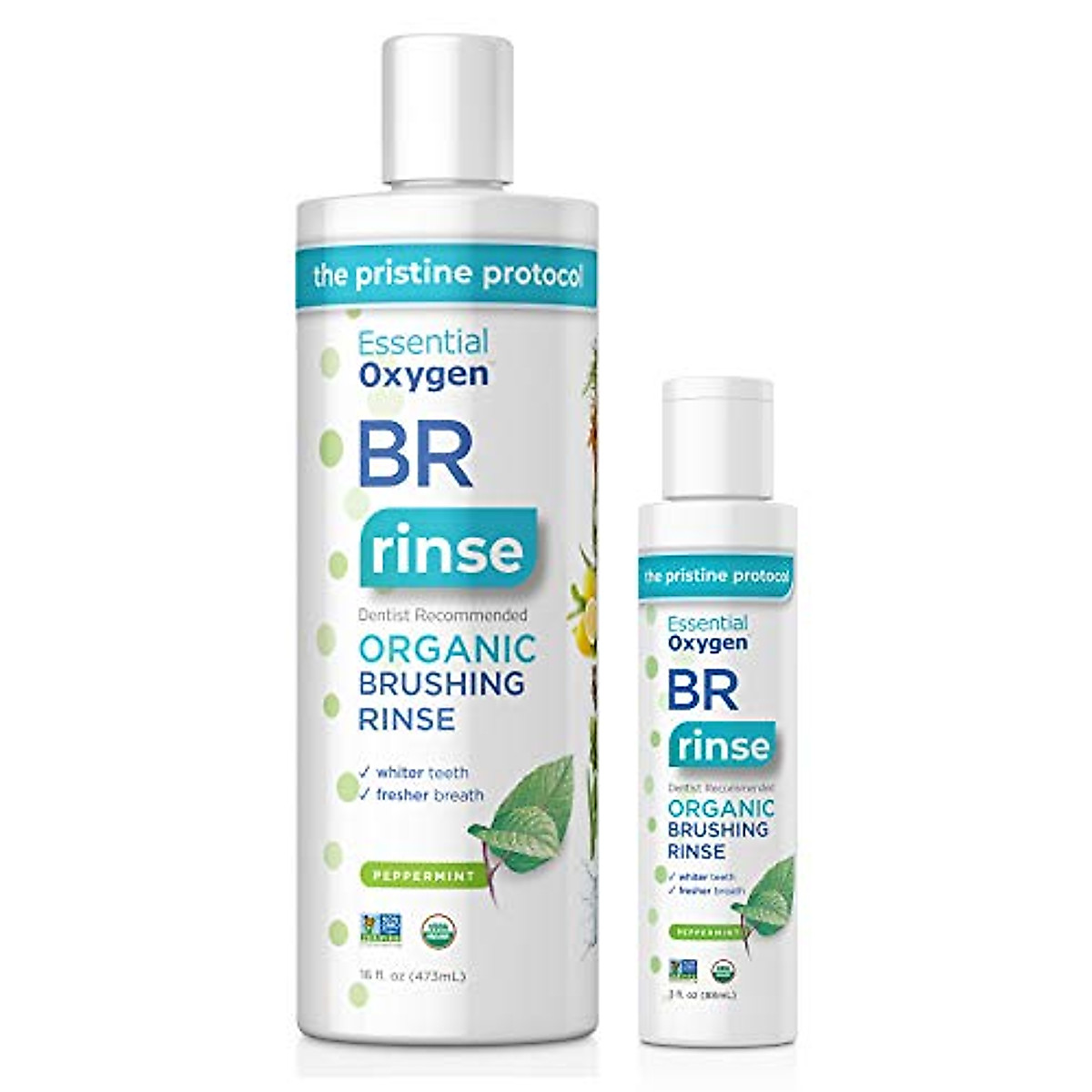 Essential Oxygen BR Certified Organic Brushing Rinse, All Natural Mouthwash for Whiter Teeth, Fresher Breath, and Happier Gums, Alcohol-Free Oral Care, Peppermint, 2 Piece Set, 16 Oz