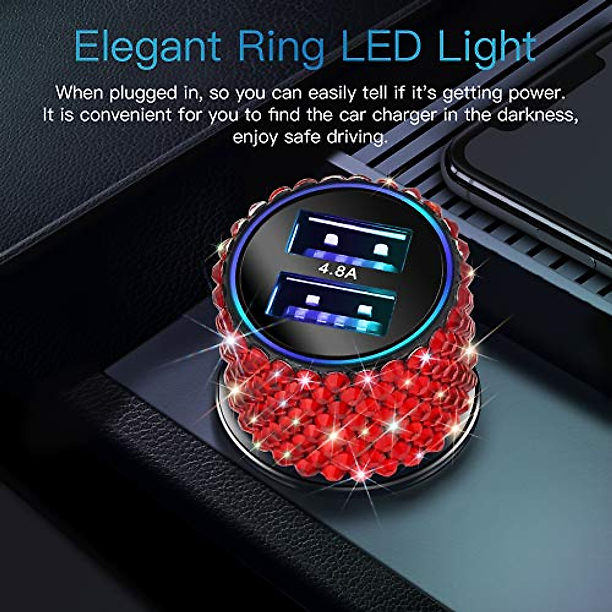 OTOSTAR Dual USB Car Charger, 4.8A Output, Bling Crystal Diamond Car Decorations Accessories Fast Charging Adapter for iPhones Android iOS, Samsung Galaxy, LG, Nexus, HTC (Red)