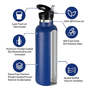 Neihepal 24oz Insulated Water Bottles Bulk 8 Pack,Stainless Steel Double Wall Sport Bottle with Straw Lid,Metal Reusable Thermoses Cup with Hand Cap for School,Cyclists,Hikers,Gift (Navy,Set of 8)