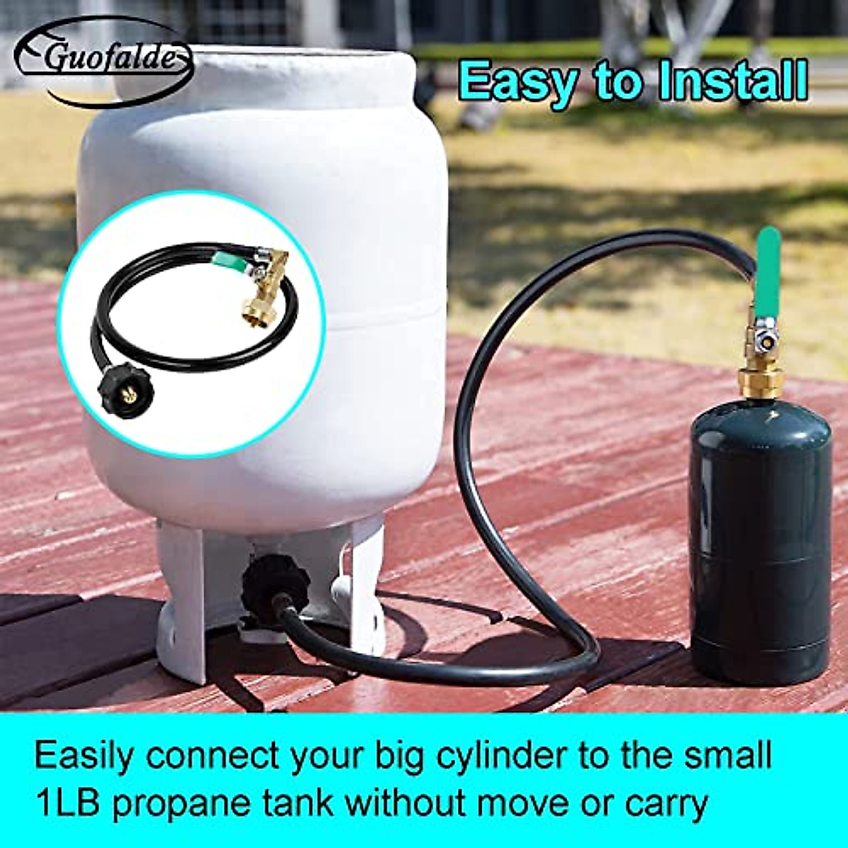 GUOFALDE 3FT QCC1 Propane Refill Adapter Hose, 350PSI High Pressure Camping Grill QCC1/Type1 Propane Refill Adapter, 1LB Tank Bottle Adapter Connector with ON-Off Control Valve