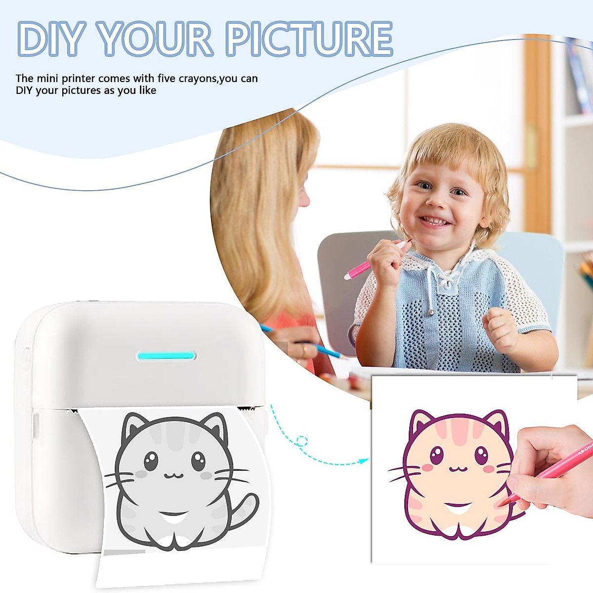 Sticker Printer Machine- Mini Thermal Printer, Inkless Notes Printer Mini, Portable Bluetooth Pocket Phone Printer for Journal, Photos, Notes, Kids Gift, White Mini Printer Sticker Maker