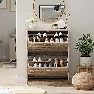 AGOTENI Shoe Cabinet with 2 Flip Drawers, Shoe Storage Organizer with 2-Tier Shelf for Entryway, Freestanding Shoe Rack Storage Organizer (Natural)
