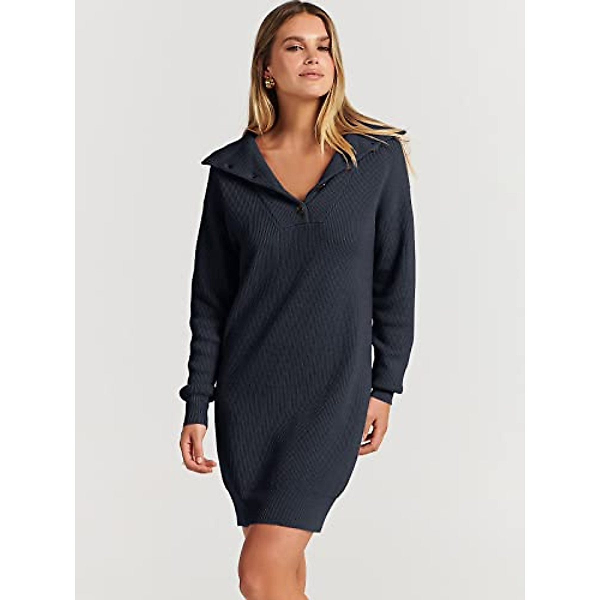 ANRABESS 2023 Fall Long Sleeve Womens Sweater Dress Oversized Lapel Collar Button V Neck Ribbed Loose Fit Casual Trendy Pullover Short Mini Fashion Dresses B782zanglan-L Navy Blue