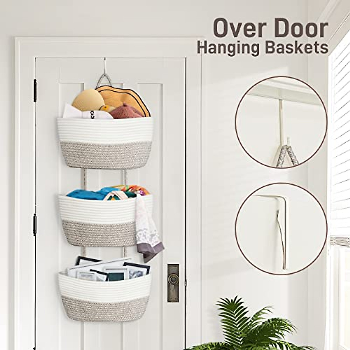 AivaToba Over Door Hanging Basket, 3-Tier Wall Mount Hanging Cotton Rope Storage Organizer, Decorative Storage Basket for Living Room (Brown)