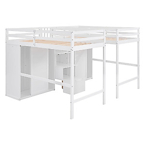 BIADNBZ Wooden Double Twin Size Loft Bed with Two Wardrobes and Staircase for Kids/Teens/Bedroom,White