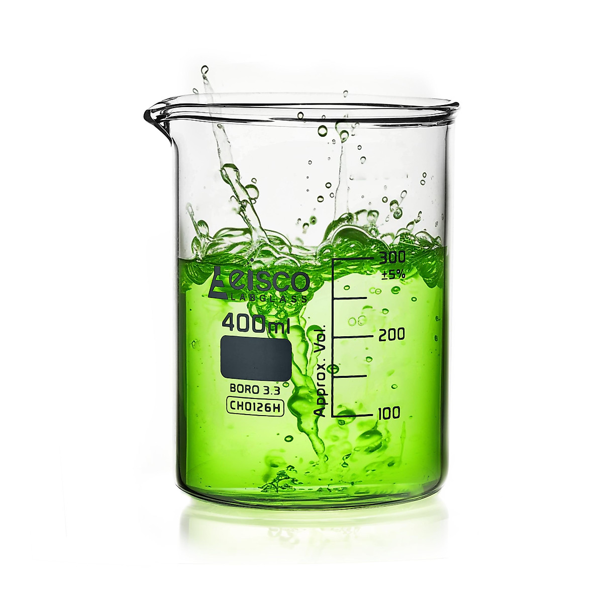 EISCO Beaker, 400ml - Low Form with Spout - White, 50ml Graduations - Borosilicate 3.3 Glass