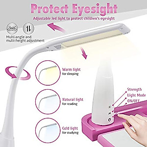 LINKLIFE Kids Functional Desk and Chair Set, Height Adjustable Children School Study Desk with Tilt Desktop, Bookstand, Pencil Case,LED Light, Metal Hook and Storage Drawer for Boys Girls (Pink)…