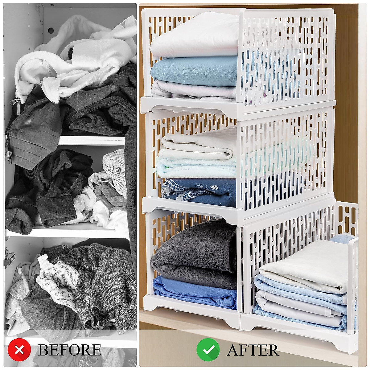 AVLA 4 Pack Stackable Plastic Storage Basket, Plastic Foldable Closet Organizer Storage Bins, Wardrobe Storage Box Clothes Drawer Shelf Container for Cupboard Bedroom Dorm Bathroom Kitchen Office