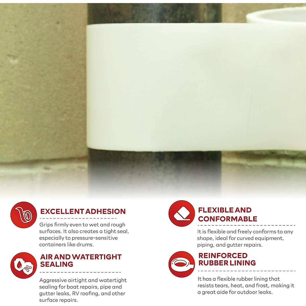 XFasten Waterproof Patch and Seal Tape, White, 4-Inch by 10-Foot Roof and Gutter Rubber Repair Tape for Stop Leak Repair on Gutter, Roof, Boat, Pool Liner and HVAC – Waterproof and Puncture-Resistant