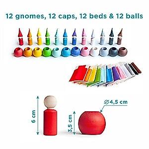 Ulanik Peg Dolls in Balls with Hats & Beds Toddler Montessori Toys for 3 Year Old + Wooden Waldorf Dolls for Learning Color Sorting & Counting — 12 Gnomes, 2 in