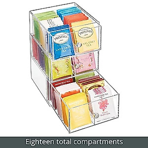 mDesign Plastic Wide Kitchen Pantry, Cabinet, Countertop Organizer Storage Station with 3 Drawers for Coffee, Tea, Sugar Packets, Sweeteners, Creamers, Drink Pods, Packets; 18 Sections, 2 Pack - Clear