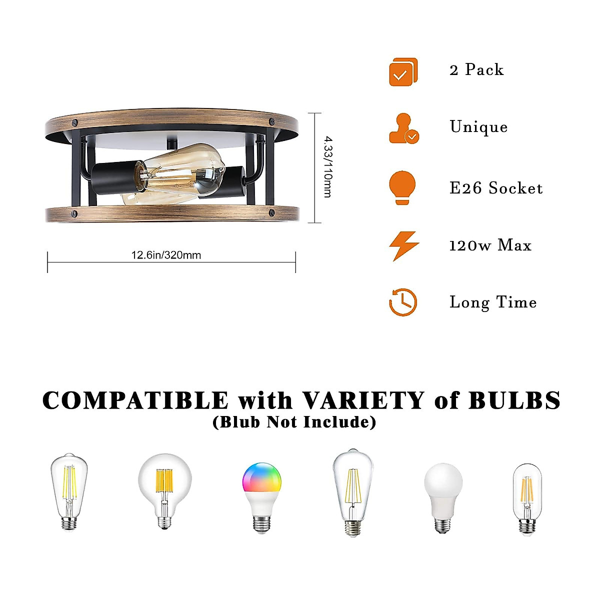 2 Pack Farmhouse Ceiling Light Fixture,Super Bright E26 Base 2-Light Hallway Light Fixtures Ceiling,Anti-Corrosion Wood and Black Flush Mount Ceiling Light for Hallway, Kitchen,Entry,Porch Etc