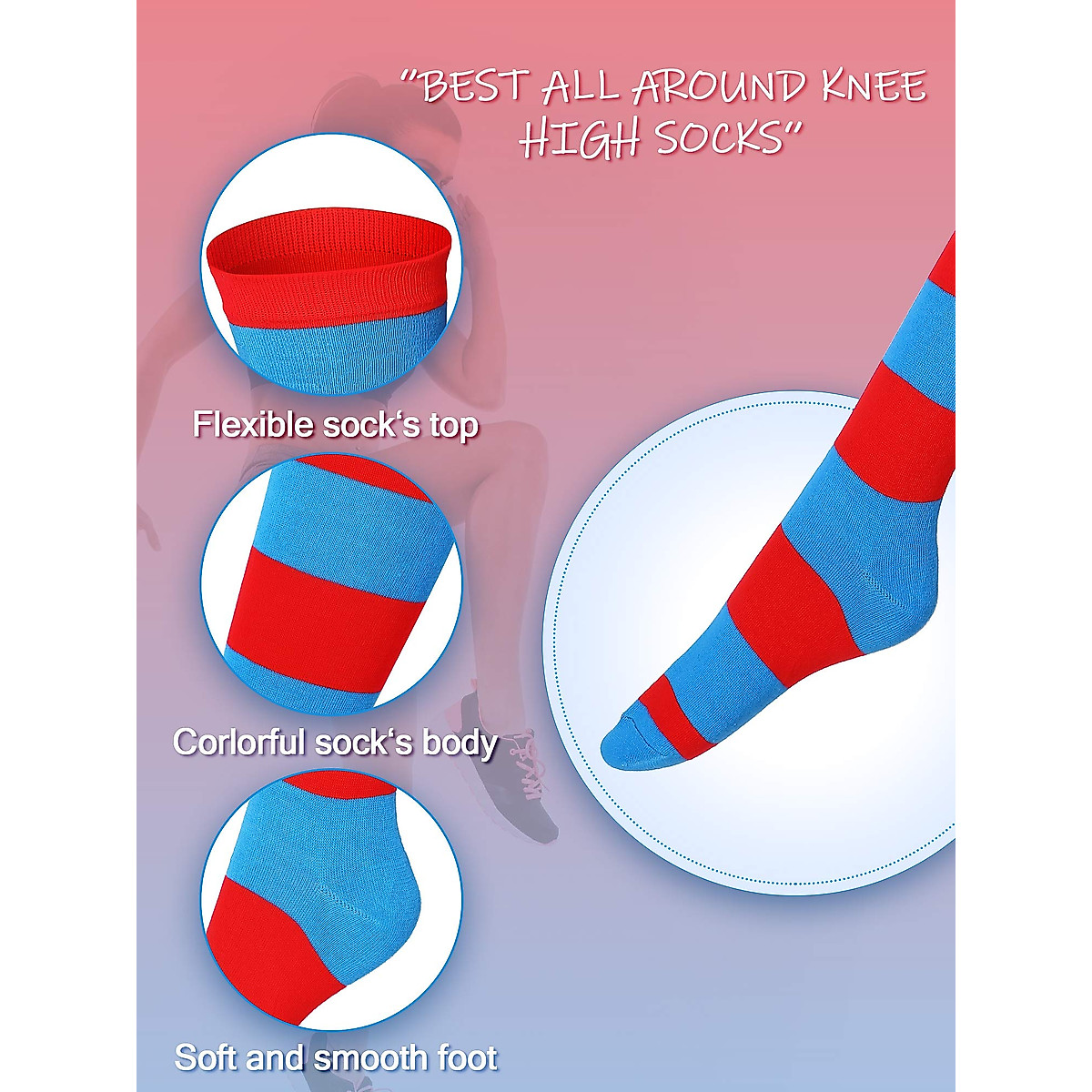 SATINIOR 3 Pairs Blue and Red Striped Long Knee Thigh High Striped Socks Tight for Women