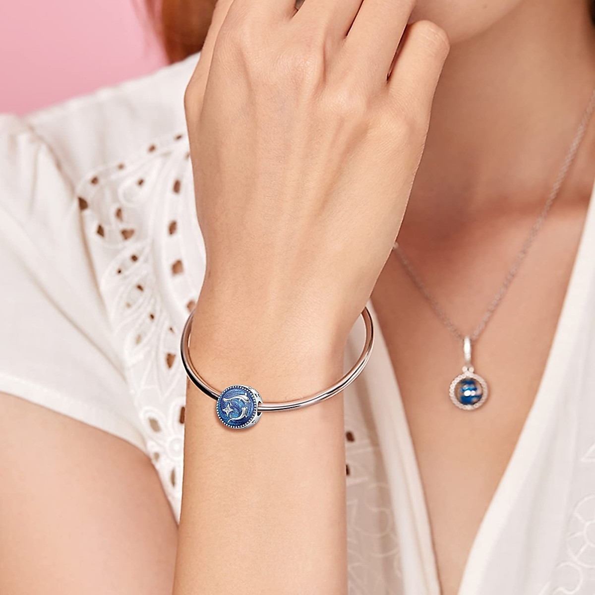 QeenseKc Pisces Zodiac Sign Charm Constellation Bule Enamel Star Charm for Pandora Bracelet Birthday Gift